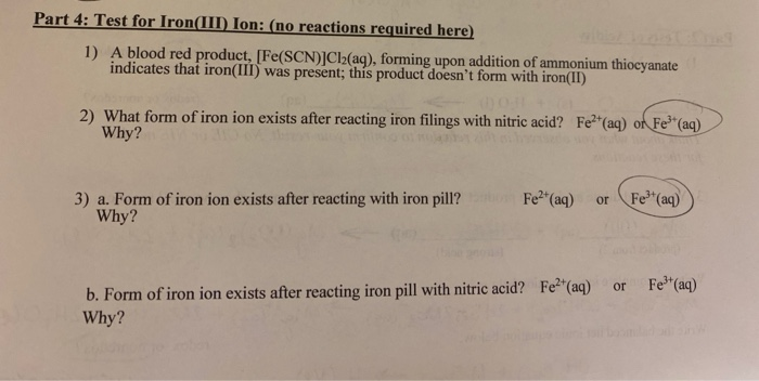 Solved Part 4: Test for Iron(III) Ion: (no reactions | Chegg.com