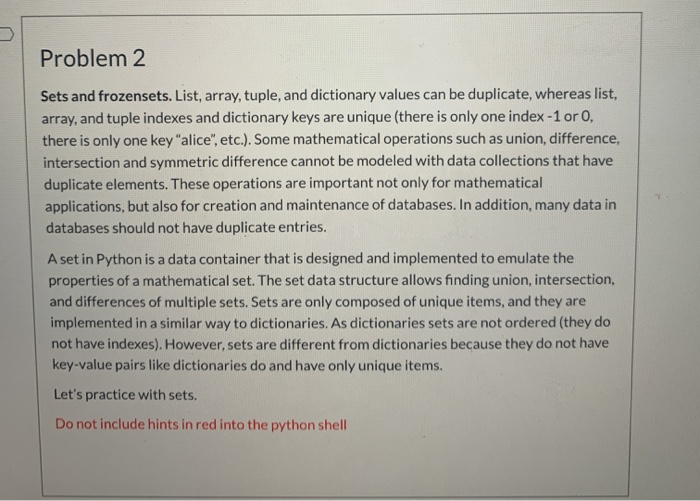 Solved Problem 2 Sets and frozensets. List, array, tuple, | Chegg.com