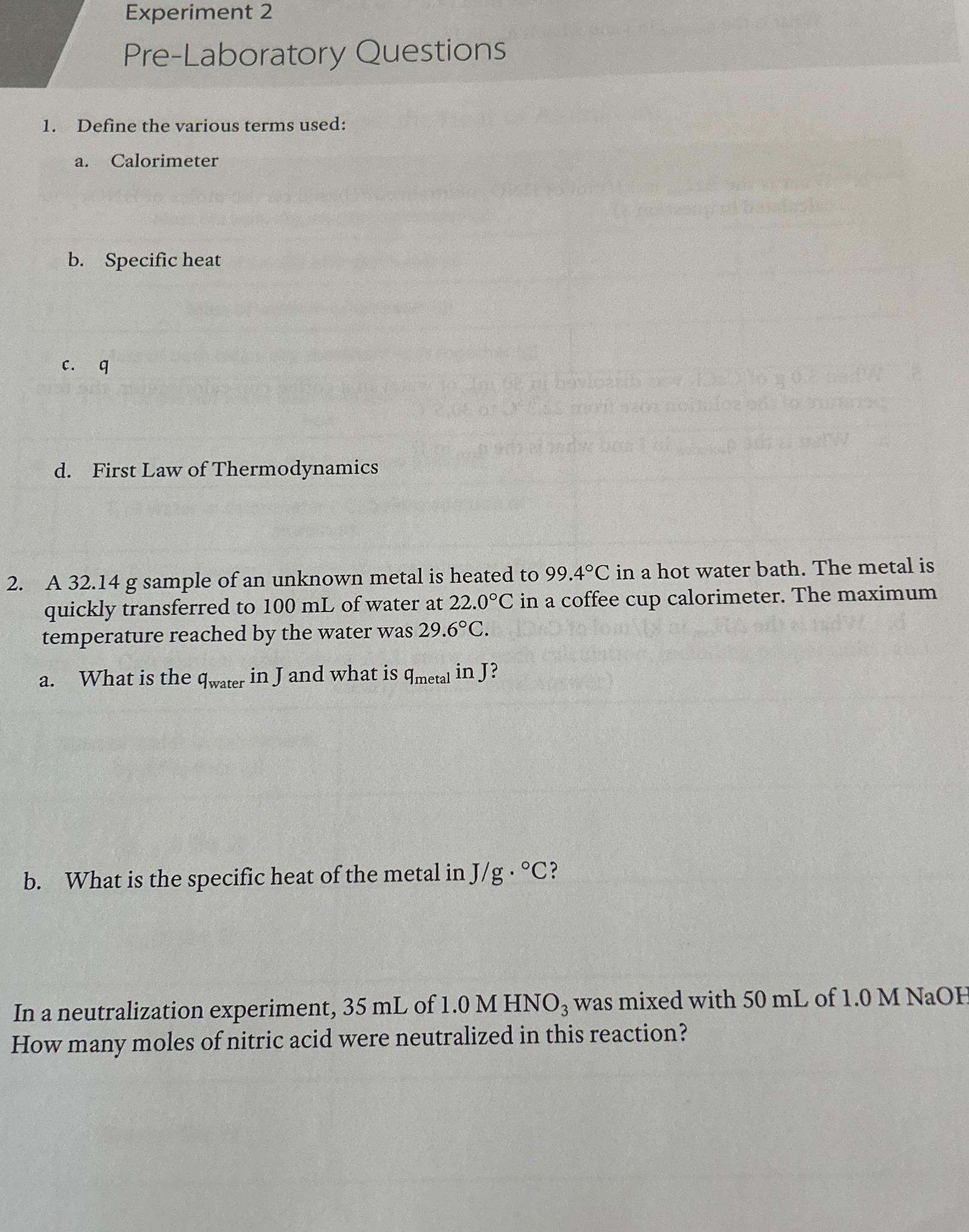 Solved Experiment 2\\nPre-Laboratory Questions\\nDefine the | Chegg.com