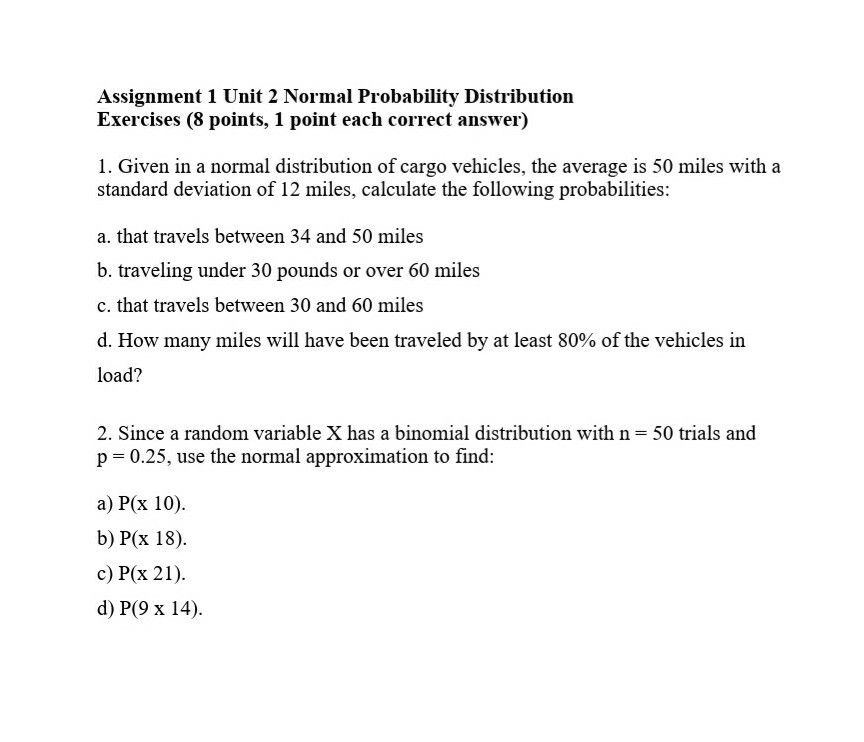 Solved Assignment 1 Unit 2 Normal Probability Distribution | Chegg.com
