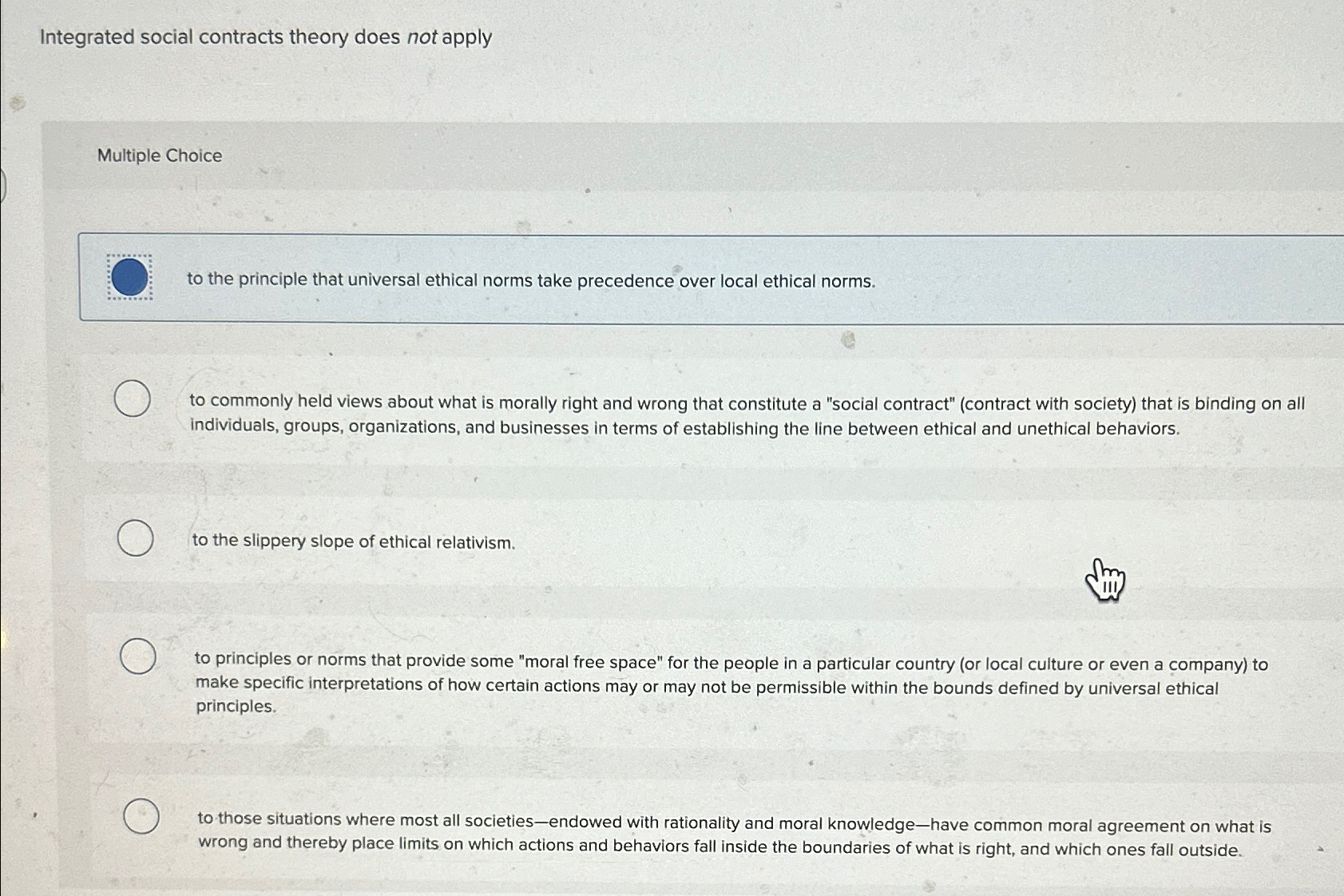 Solved Integrated social contracts theory does not | Chegg.com