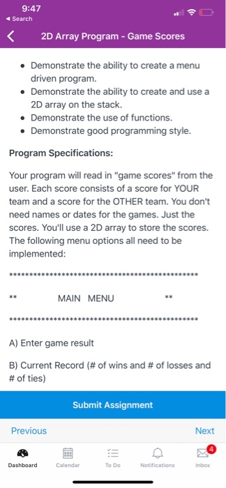 Solved 9:47 Search 2D Array Program - Game Scores • | Chegg.com
