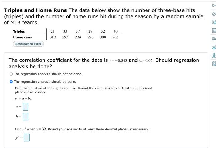 Solved Triples and Home Runs The data below show the number | Chegg.com