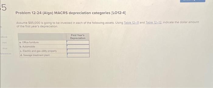 Solved Problem 12-24 (Algo) MACRS depreciation categories | Chegg.com Solved Problem 12-24 (Algo) MACRS depreciation categories | Chegg.com