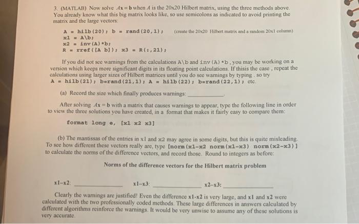 Solved 3. (MATLAB) Now solve Ax=b when A is the 20x20 | Chegg.com