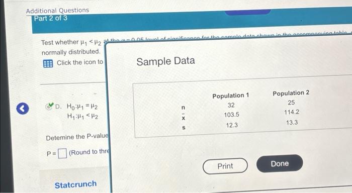 Solved ick the icon to Sample Data H0:μ1=μ2H1:μ1