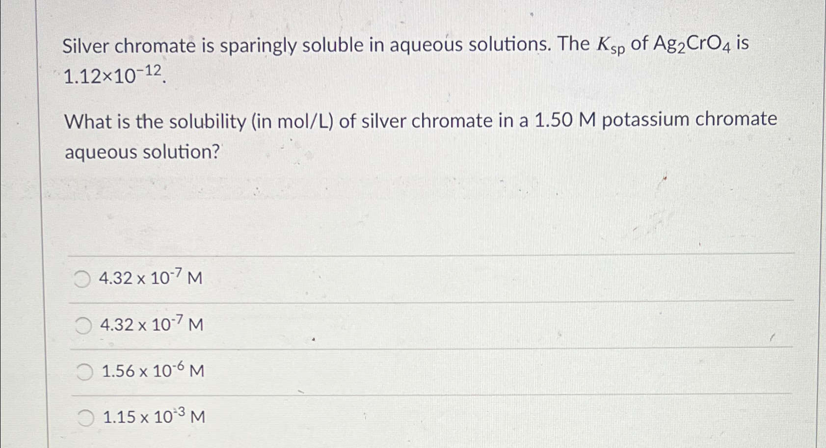Solved Silver chromate is sparingly soluble in aqueous | Chegg.com