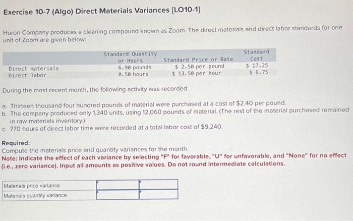 Solved Exercise 10-7 (Algo) Direct Materials Variances | Chegg.com