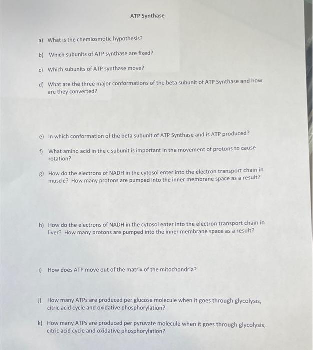 Solved ATP Synthase a) What is the chemiosmotic hypothesis? | Chegg.com