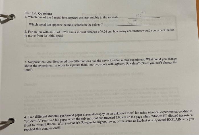 Solved Post Lab Questions 1. Which one of the 5 metal ions | Chegg.com
