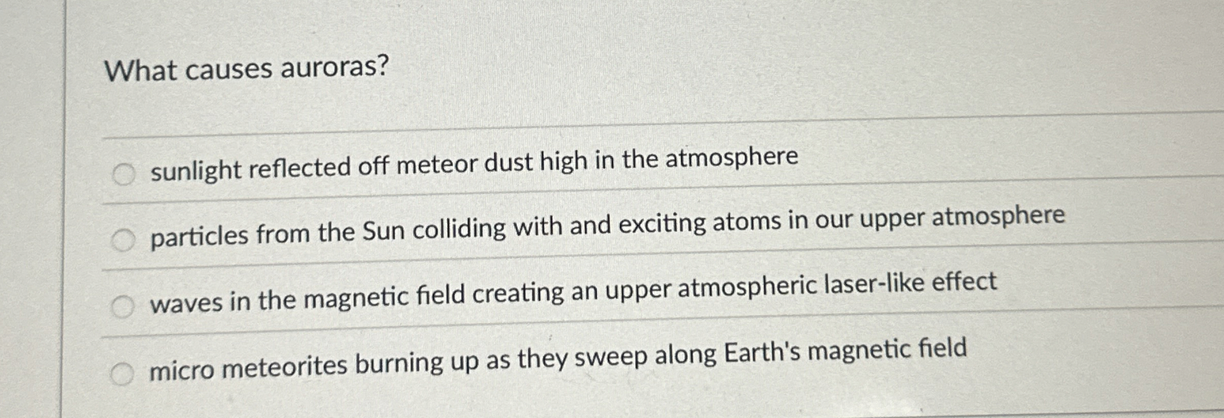 Solved What causes auroras?sunlight reflected off meteor | Chegg.com