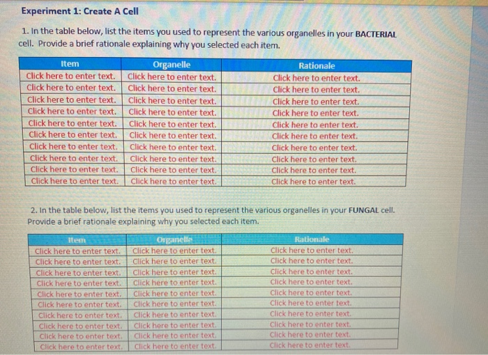 Experiment 1: Create A Cell 1. In the table below, | Chegg.com