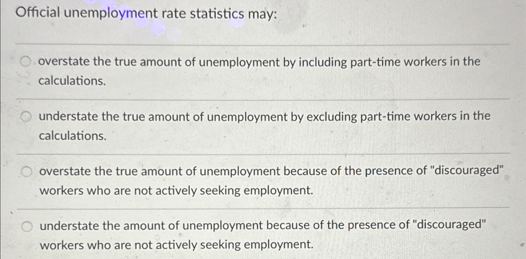 Solved Official unemployment rate statistics may:overstate | Chegg.com