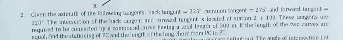 Solved 2. Given the azimuth of the following tangents: back | Chegg.com
