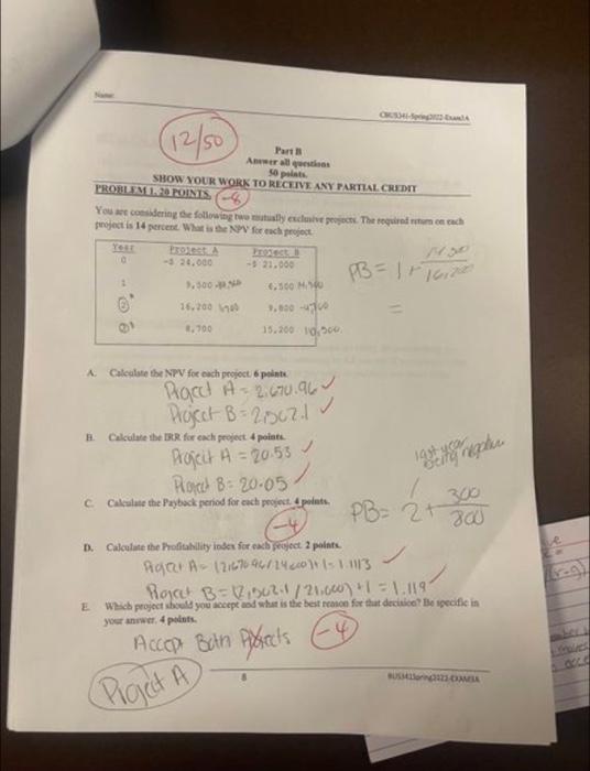Solved B=1+1n2πx2 = A. Calculute the NPV for coch porioct 6 | Chegg.com