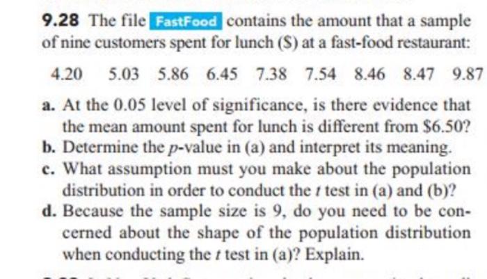 Solved 9.28 The file Fastfood contains the amount that a | Chegg.com