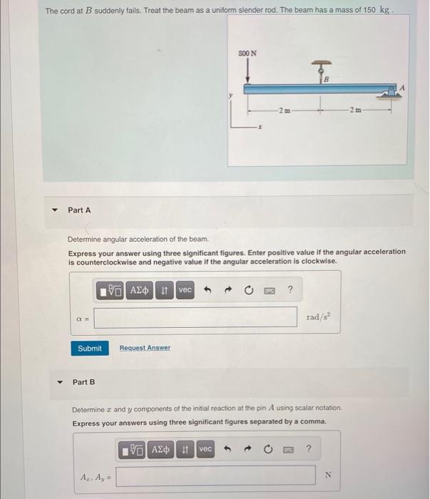 Solved The cord at B suddenly fails. Treat the beam as a | Chegg.com