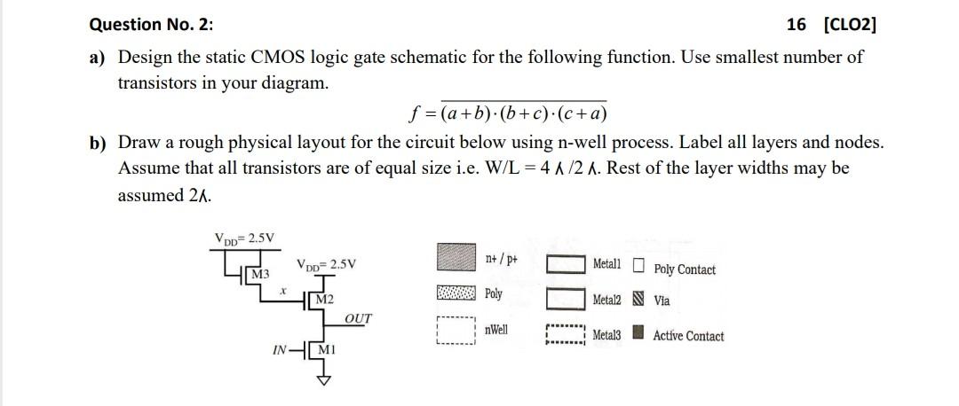 Solved Question No. 2: 16 [CLO2] a) Design the static CMOS | Chegg.com