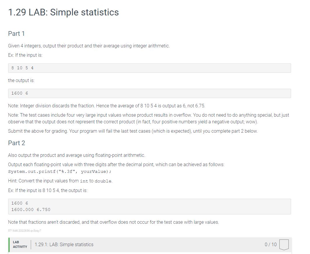 Solved In JAVA Language please: 1.29 ﻿LAB: Simple statistics | Chegg.com