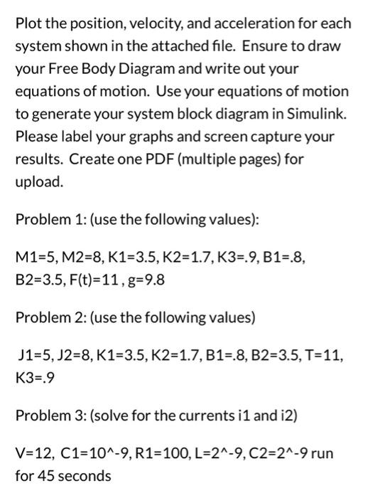 Plot the position, velocity, and acceleration for | Chegg.com
