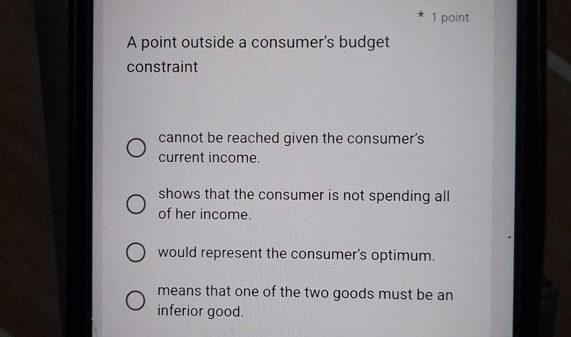 Solved 1 ﻿pointA point outside a consumer's budget | Chegg.com