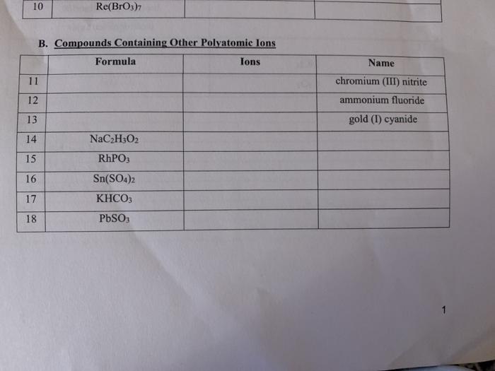 Solved 10 Re(BrO3) B. Compounds Containing Other Polyatomic | Chegg.com