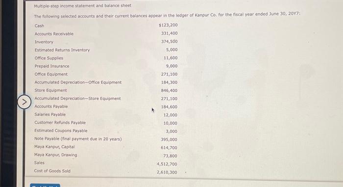 Multiple-step income statement and balance sheet: The | Chegg.com