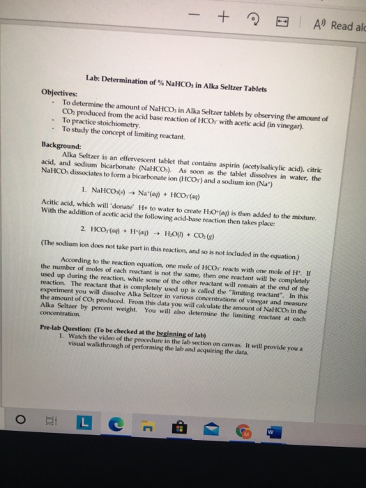 Solved - + 2 EA! Read alc Lab: Determination of % NaHCOs in | Chegg.com