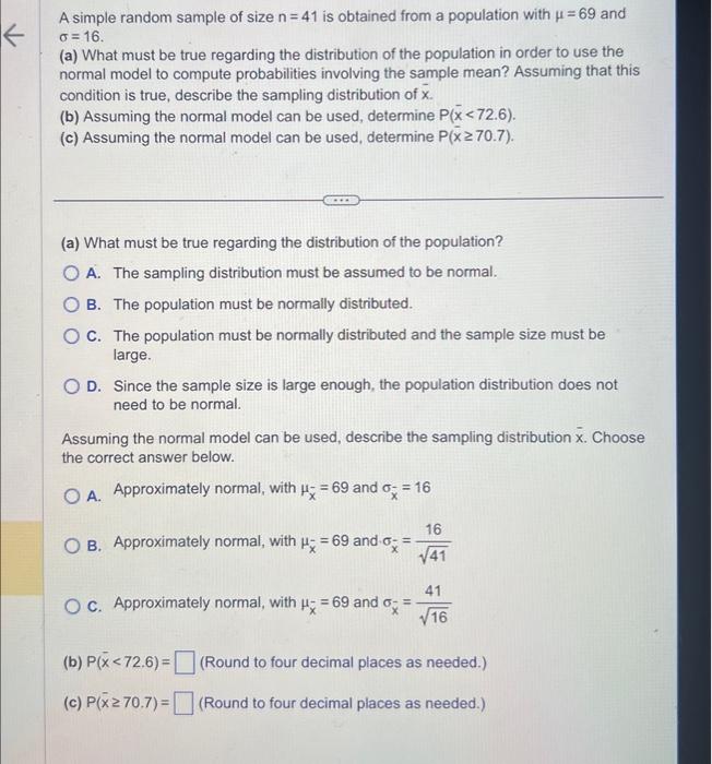 Solved A simple random sample of size n=41 is obtained from | Chegg.com
