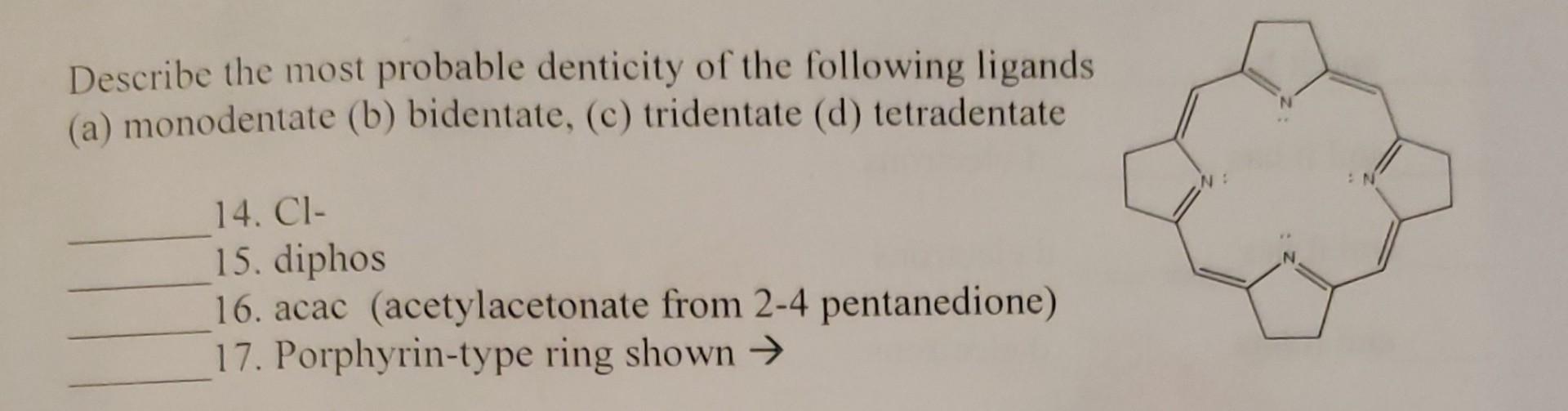 Solved Describe the most probable denticity of the following | Chegg.com