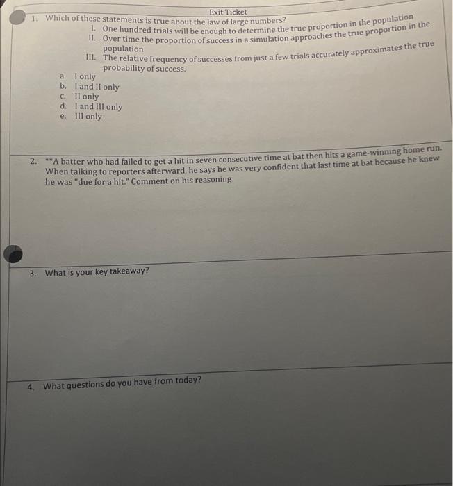 Solved Exit Ticket 1. Which of these statements is true | Chegg.com