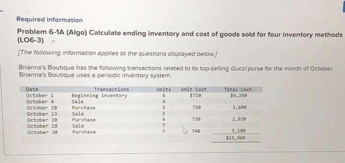 Solved Required information Problem 6-1A (Algo) Calculate | Chegg.com