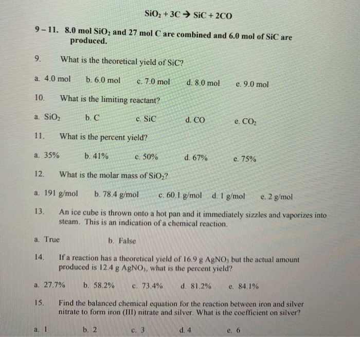 Solved SiO2 + 3C → SiC + 2CO 9-11. 8.0 mol SiO2 and 27 mol | Chegg.com