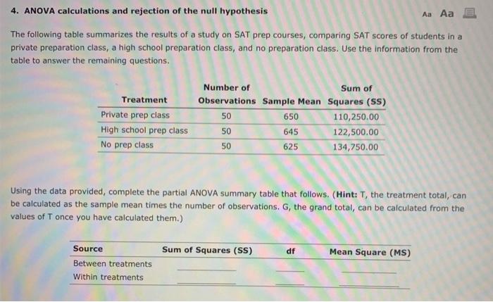 Solved 4. ANOVA calculations and rejection of the null | Chegg.com