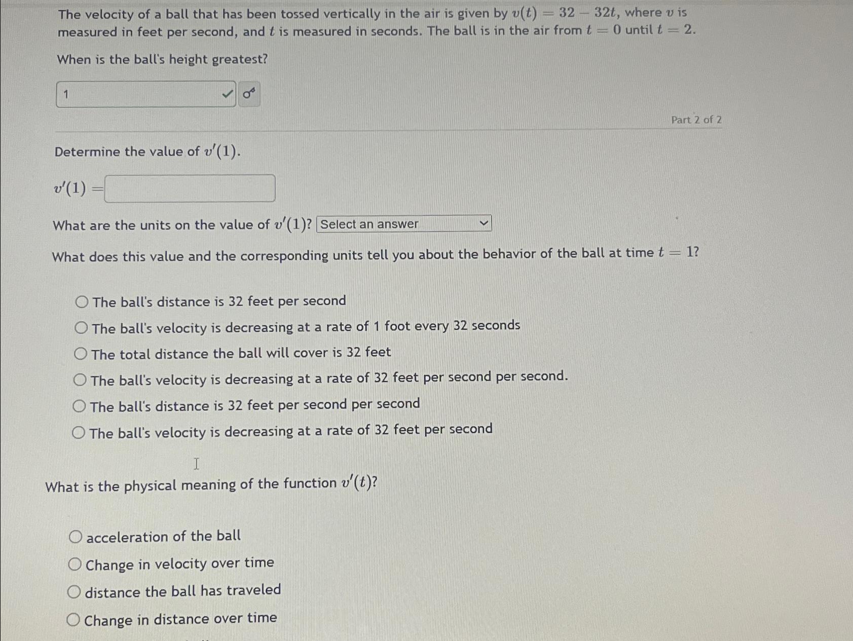 Solved The velocity of a ball that has been tossed | Chegg.com