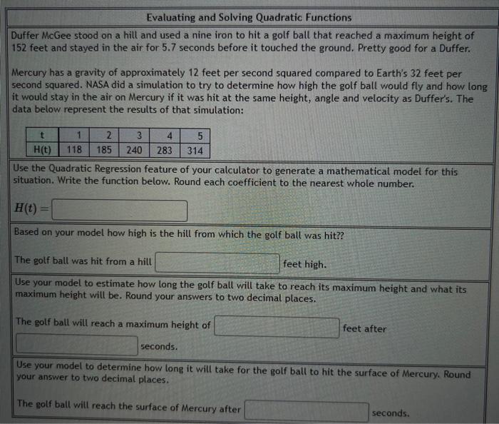 Solved Evaluating and Solving Quadratic Functions Duffer | Chegg.com