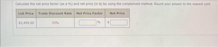 Solved Calculate the net price factor (as a %% ) and net | Chegg.com