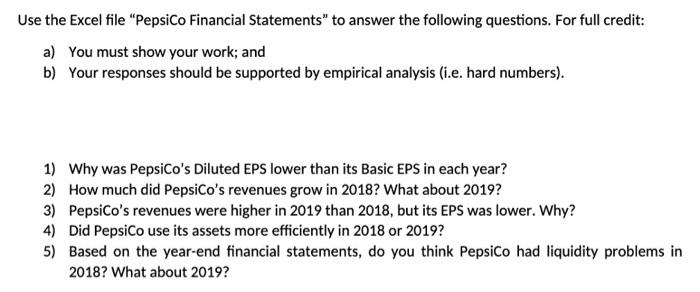 Solved Use the Excel file "PepsiCo Financial Statements" to | Chegg.com