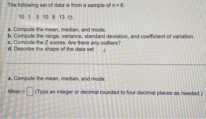 Solved The following set of data is from a sample of n=6. a. | Chegg.com