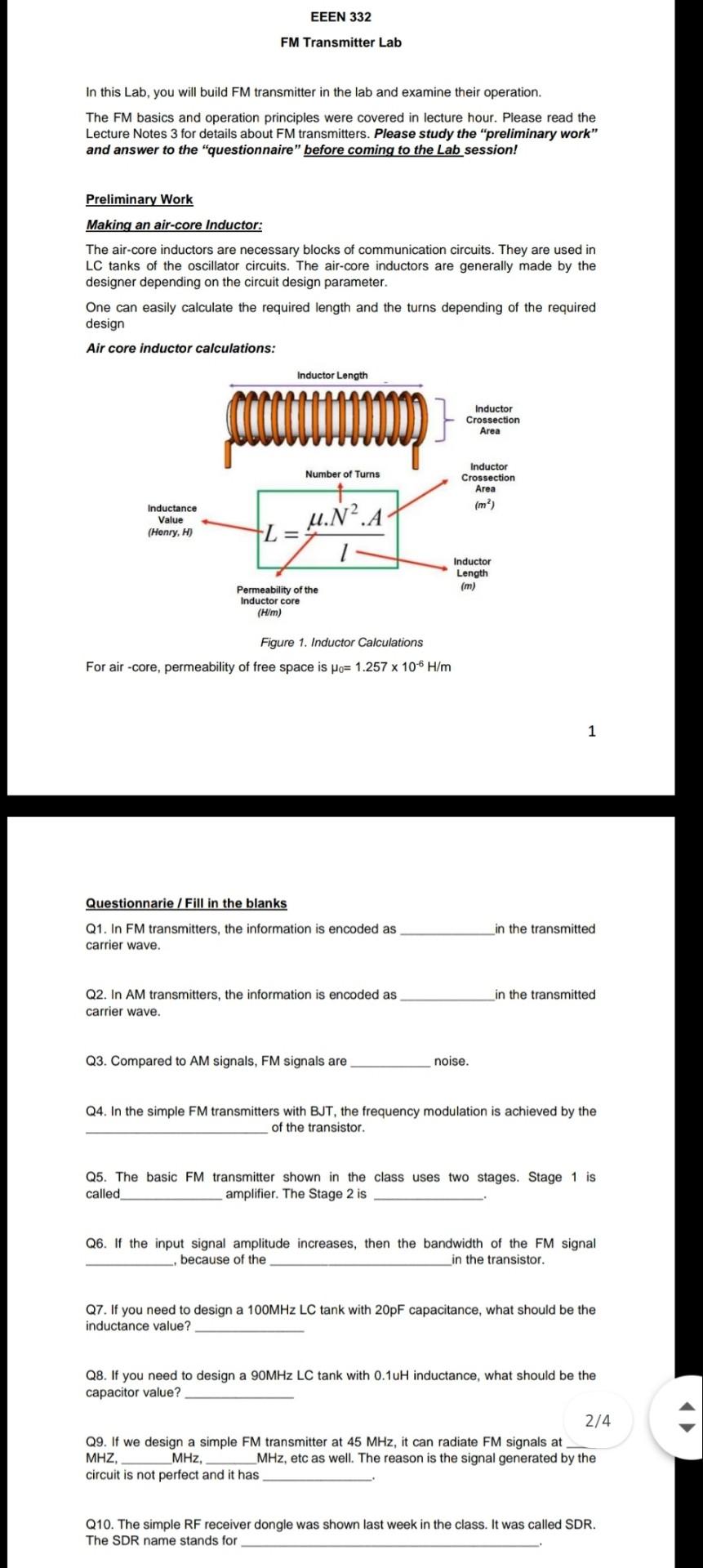 Solved EEEN 332 FM Transmitter Lab In this Lab, you will | Chegg.com