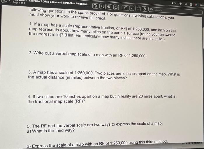 Solved Page 1 of 3 cise 1 (Map Scale and Earth Sun | Chegg.com
