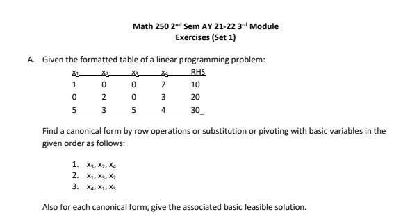 Math 250 2nd Sem AY 21-22 3rd Module Exercises (Set | Chegg.com