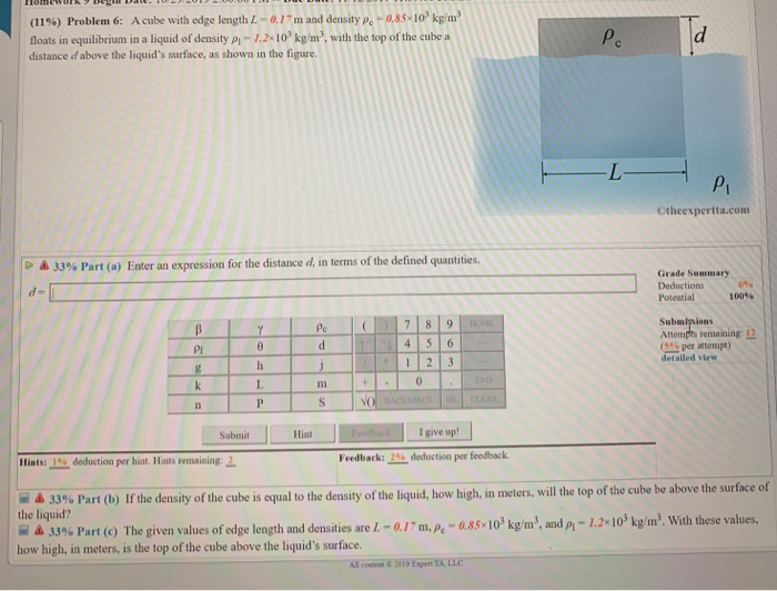 Solved (11%) Problem 6: A cube with edge length 2-0,17 m and | Chegg.com
