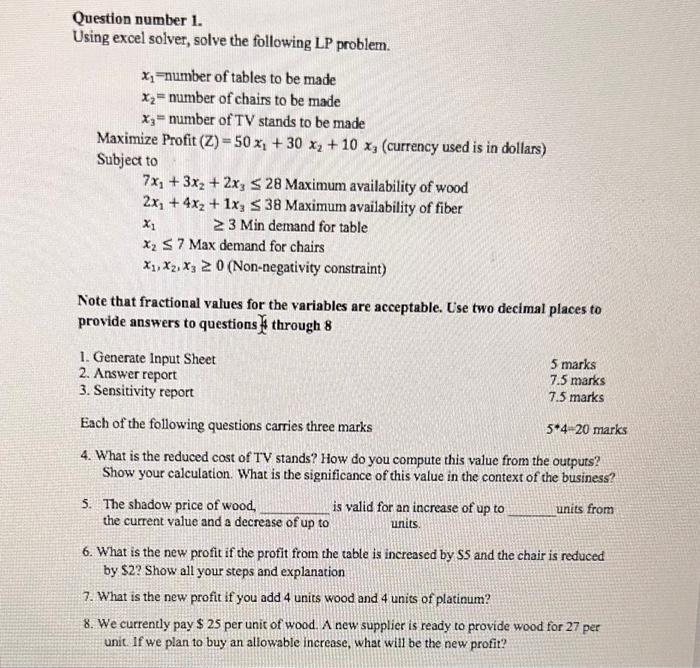 Solved Question number 1. Using excel solver, solve the | Chegg.com