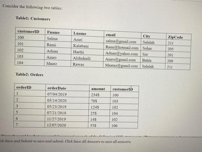 Solved Consider the following two tables: Table1: Customers | Chegg.com