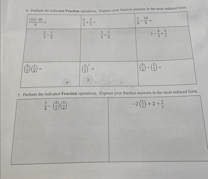 Solved 4. Perform the indicated Fraction operations. Express | Chegg.com
