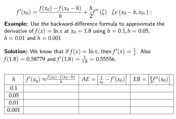 Solved f′(x0)=hf(x0)−f(x0−h)+2hf′′(ζ)ζϵ(x0−h,x0): Example: | Chegg.com