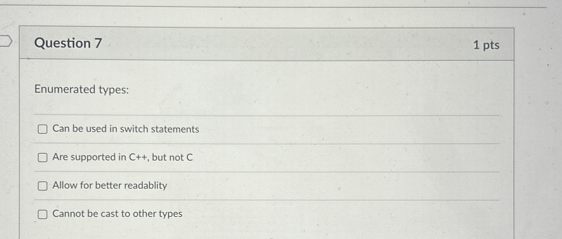 Solved Question 71 ﻿ptsEnumerated types:Can be used in | Chegg.com