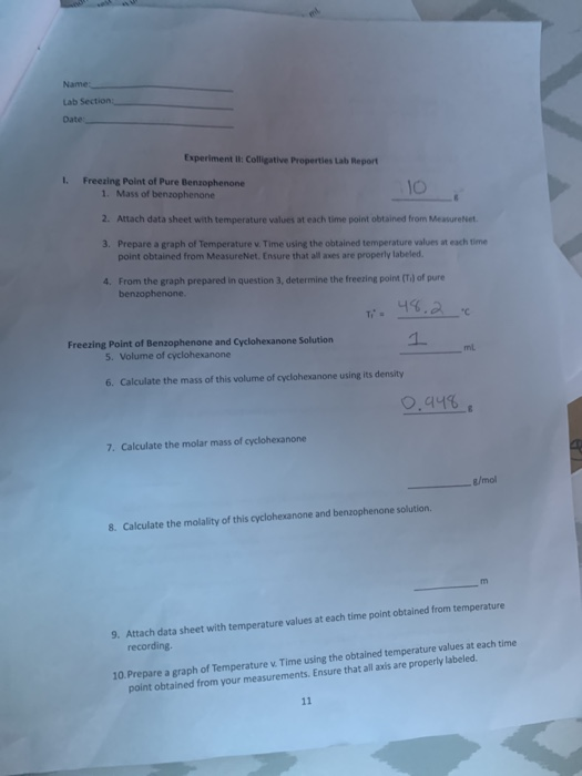 Name Lab Section: Date Experiment il: Colligative | Chegg.com
