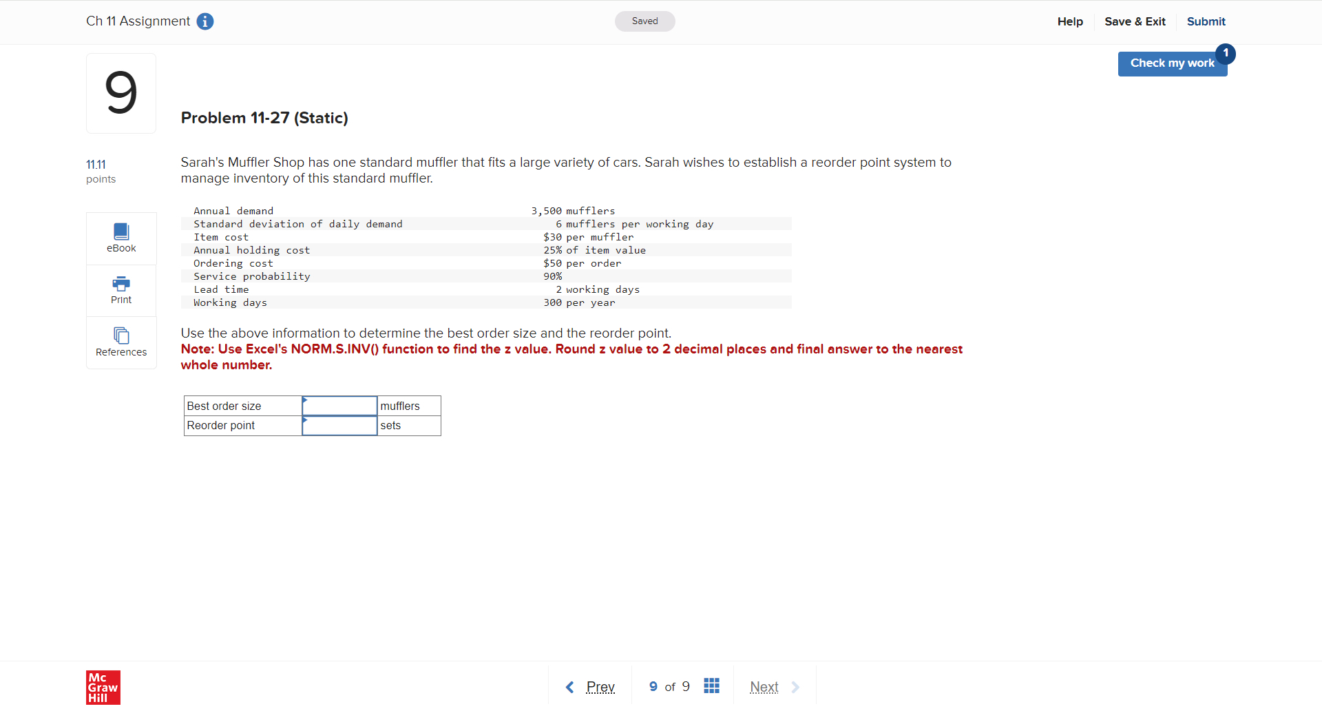 Solved Ch 11 ﻿Assignment iSavedHelpSave & ExitSubmit9Problem | Chegg.com
